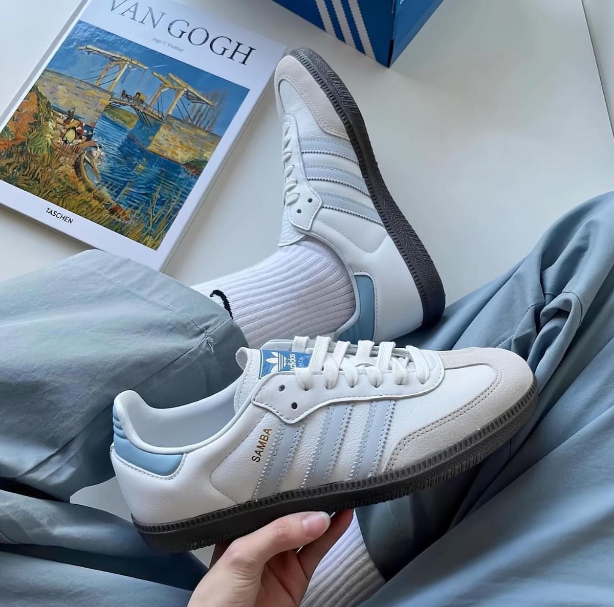 Adidas Samba OG White Sky Blue Stripe Retro Sneakers - footgearmall