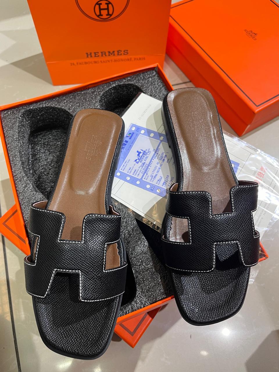 Black Hermes-Inspired Slides - footgearmall