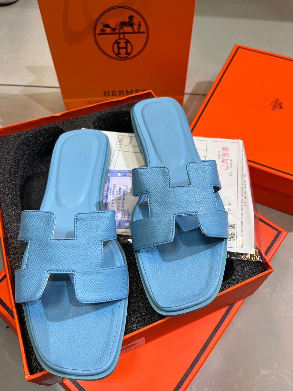 Blue Hermes-Inspired Slides - footgearmall
